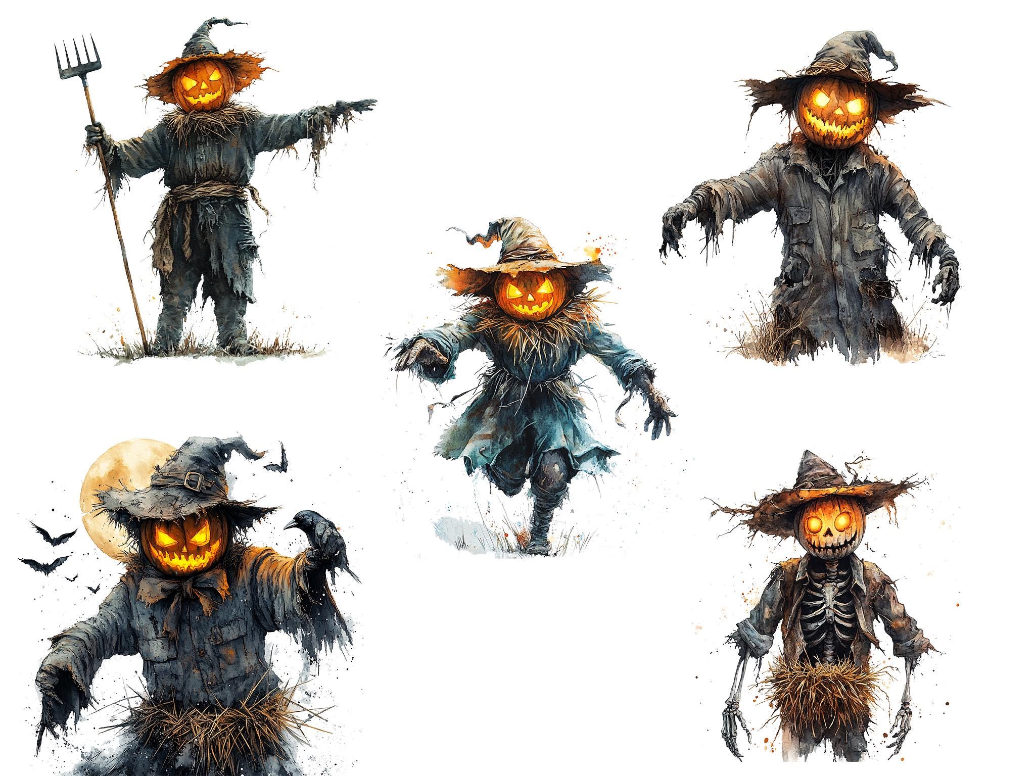 Watercolor Halloween Scarecrow Clipart, 20 PNG Halloween Scarecrow Clip ...