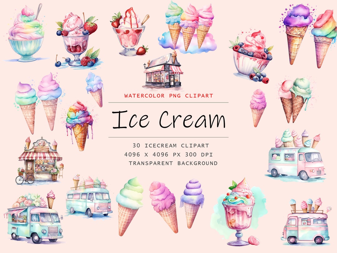 Watercolor Ice Cream Clipart, Cones and Sundaes, Ice Cream Truck Clip ...