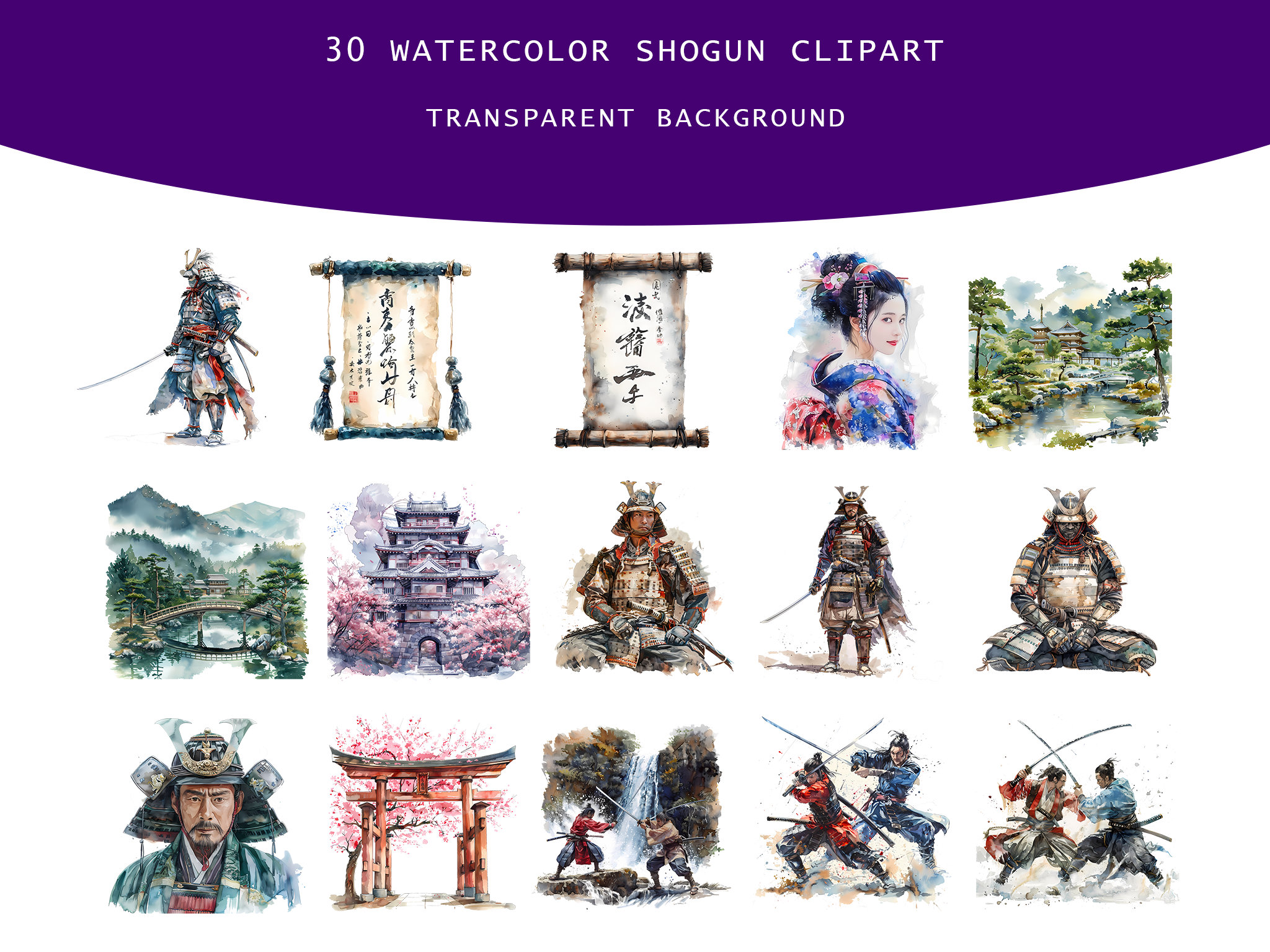 Watercolor Shogun Clipart, 30 PNG Shogun Clip Art, Commercial Use, Shogun Clipart Png Bundle ...