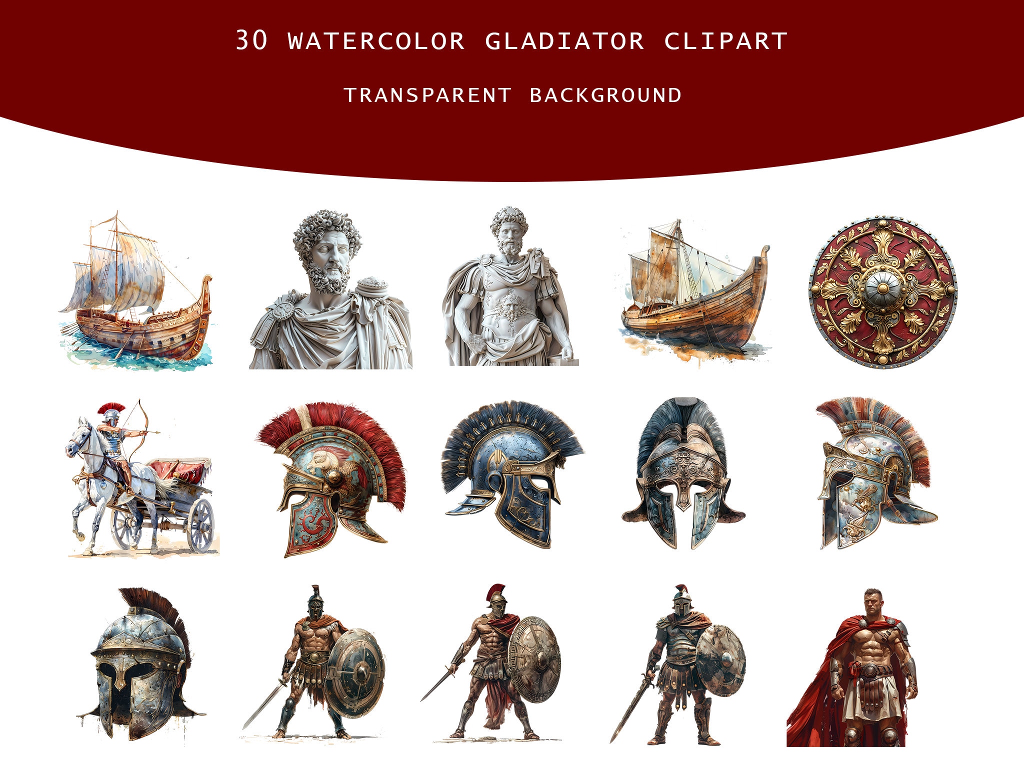 Watercolor Gladiator Clipart, 30 PNG Rome Clip Art, Commercial Use ...