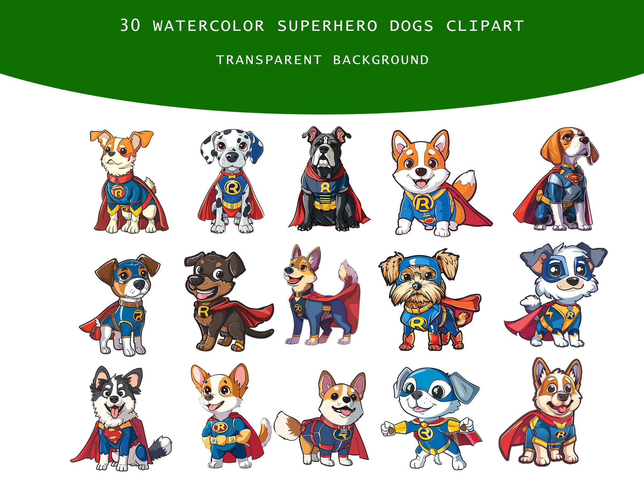 Watercolor Superhero Dogs Clipart, 30 PNG Superhero Dogs Clip Art ...
