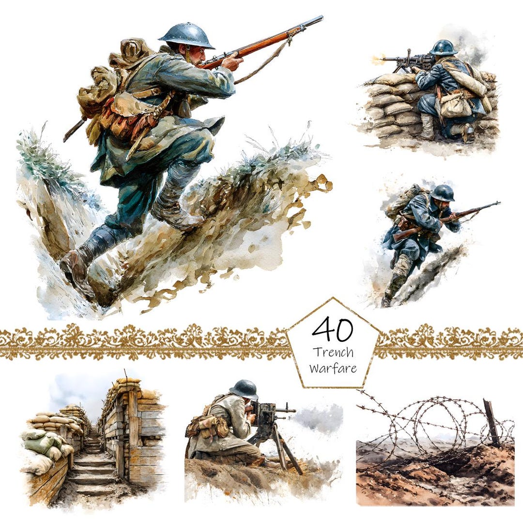 Watercolor Trench War Clipart, 40 PNG Army Clip Art, World War 1 Png ...