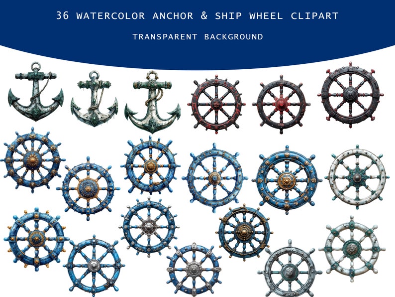 Watercolor Anchor and Ship Wheel Clipart, 36 High Quality PNG Files ...