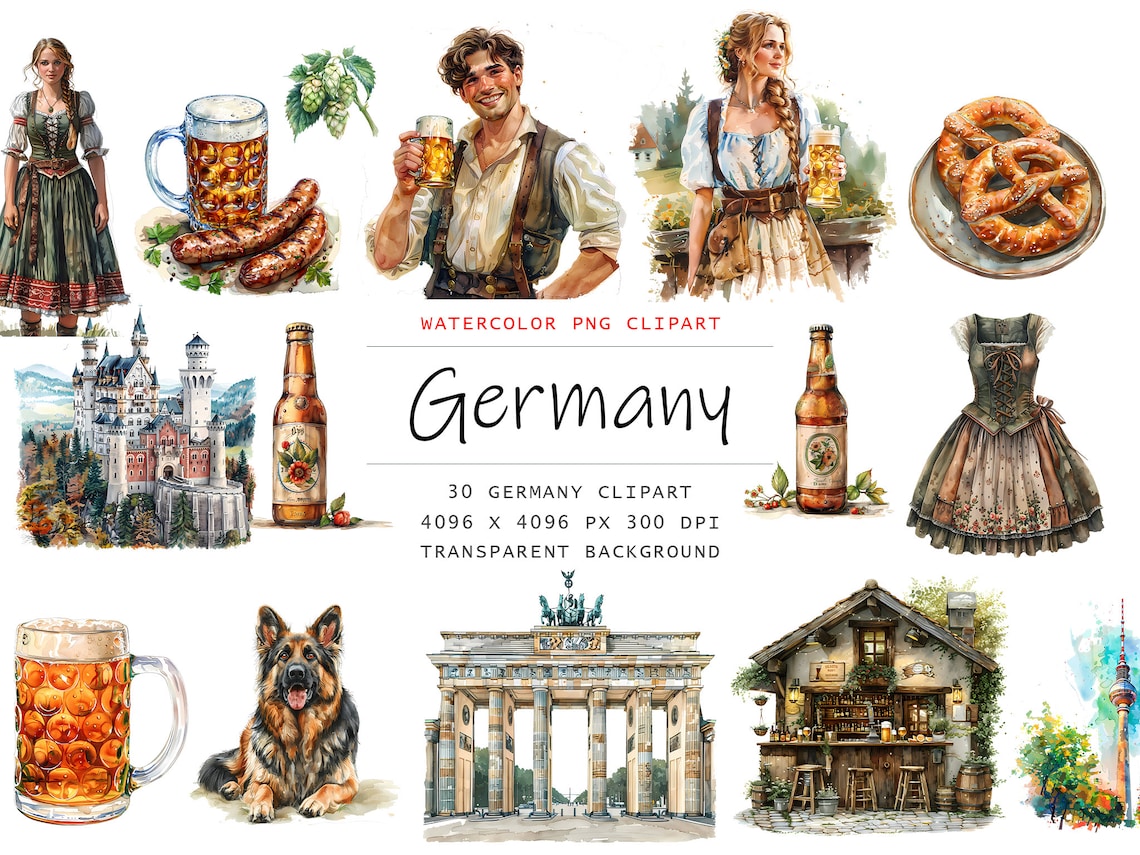 Watercolor Germany Clipart, 30 PNG Oktoberfest Clip Art, Commercial Use ...