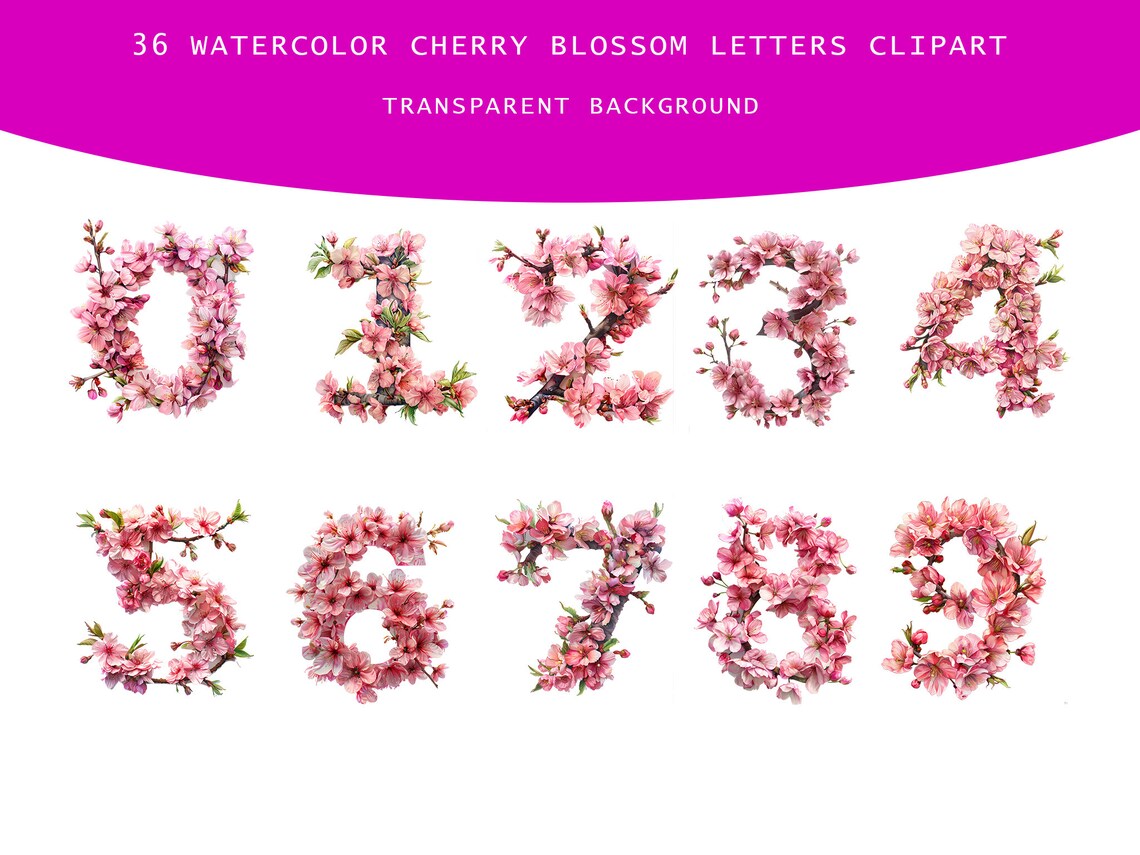 Watercolor Cherry Blossom Alphabet Clipart, Cherry Blossom Alphabet ...