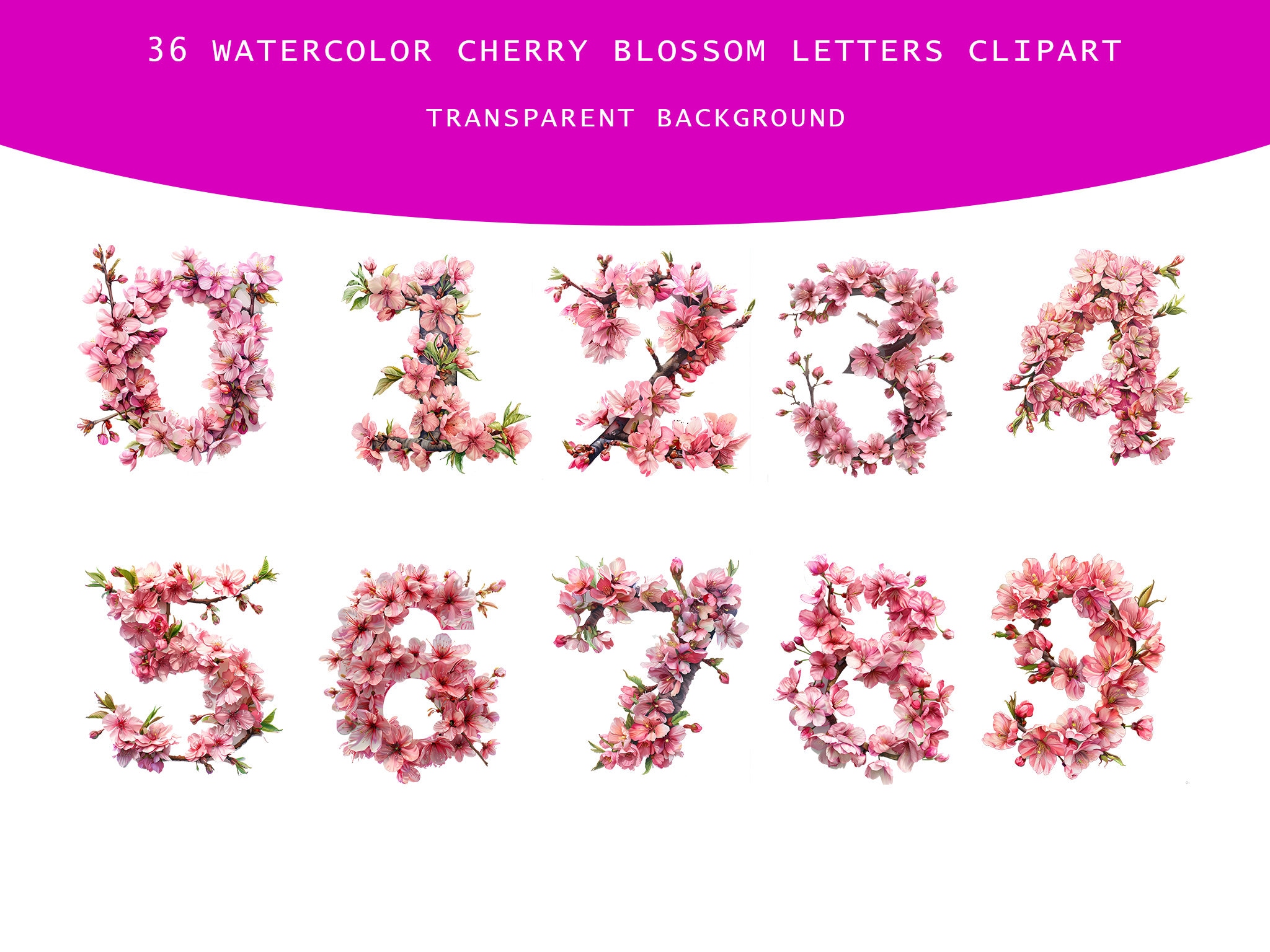 Watercolor Cherry Blossom Alphabet Clipart, Cherry Blossom Alphabet ...