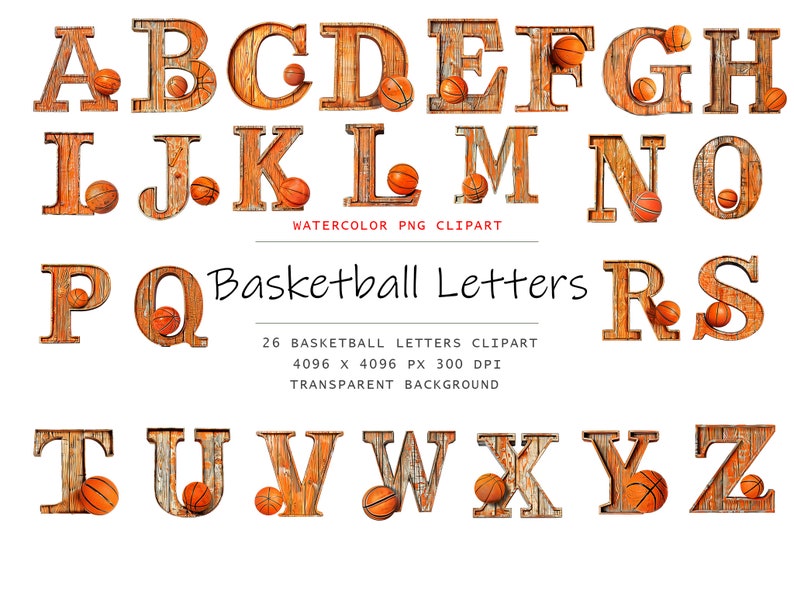Watercolor Basketball Alphabet Clipart , Basketball Alphabet ...