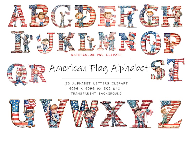 Watercolor American Flag Alphabet Clipart, 26 PNG American Flag Clip ...