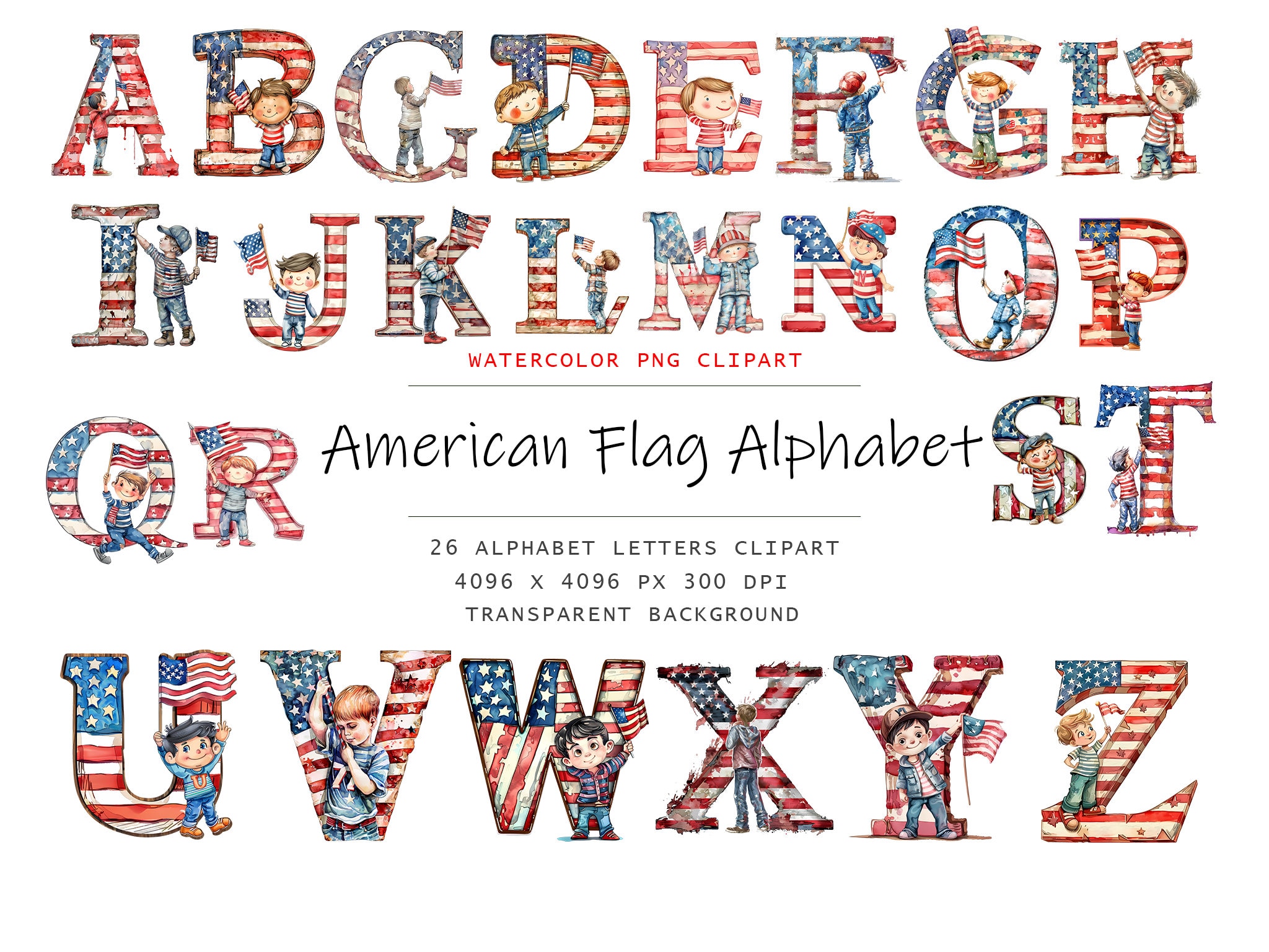 Watercolor American Flag Alphabet Clipart, 26 PNG American Flag Clip ...