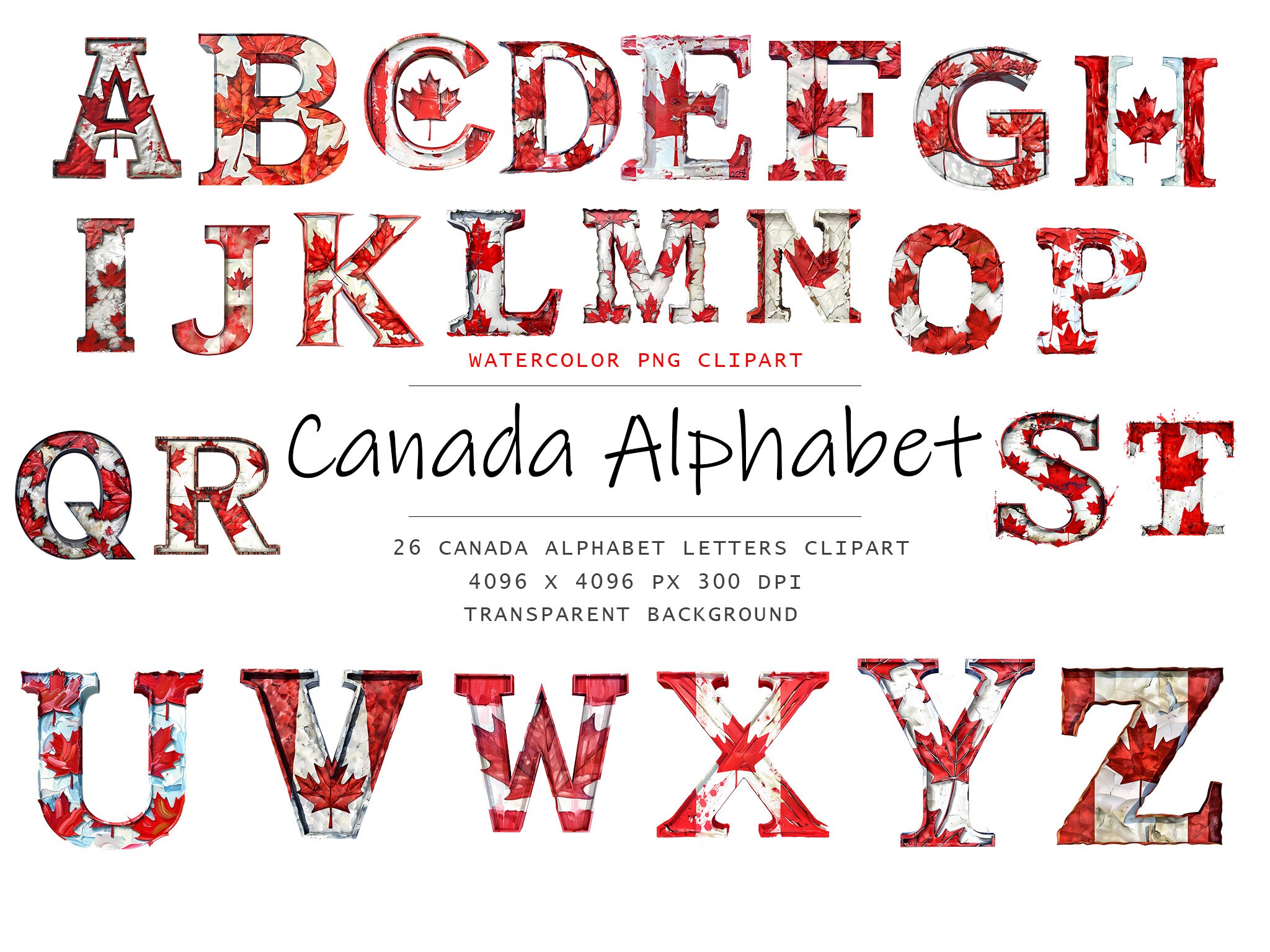 Watercolor Canada Alphabet, Letters Png, Alphabet Png, Instant Download ...