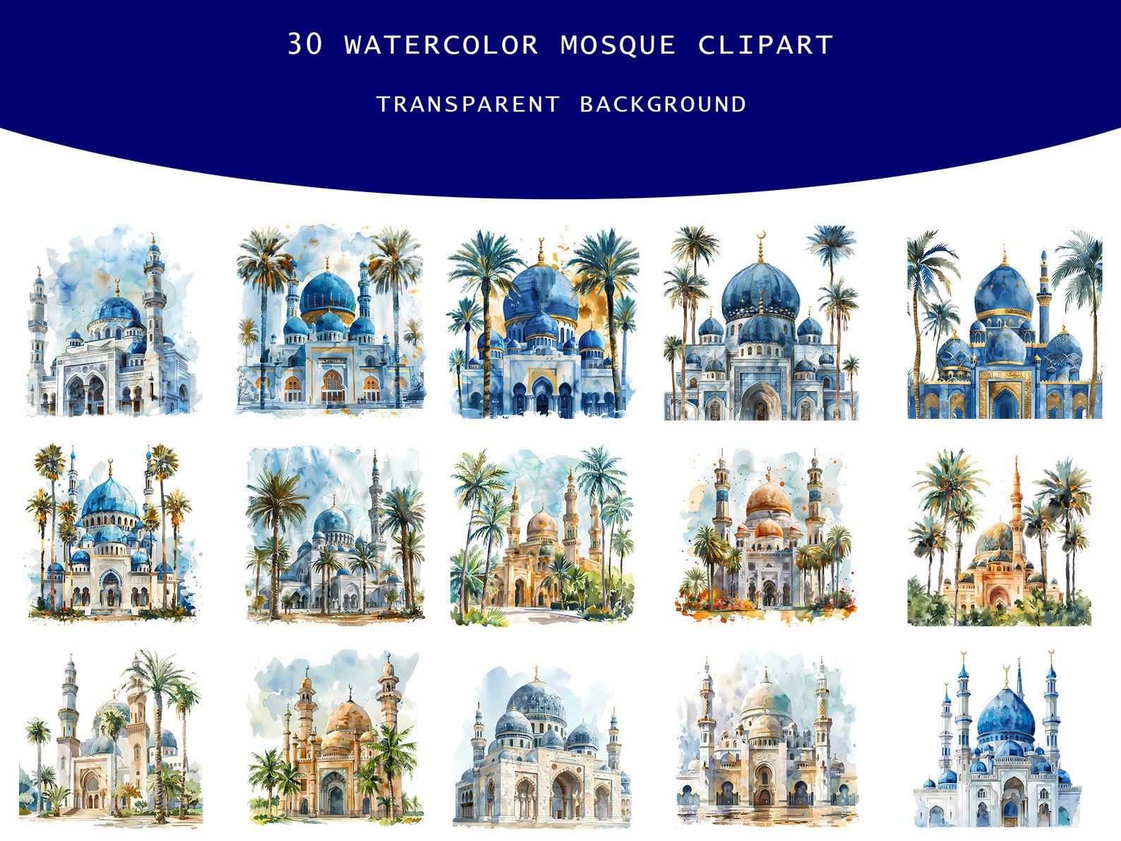 Watercolor Mosque Clipart, 30 PNG Mosque Clip Art, Commercial Use ...