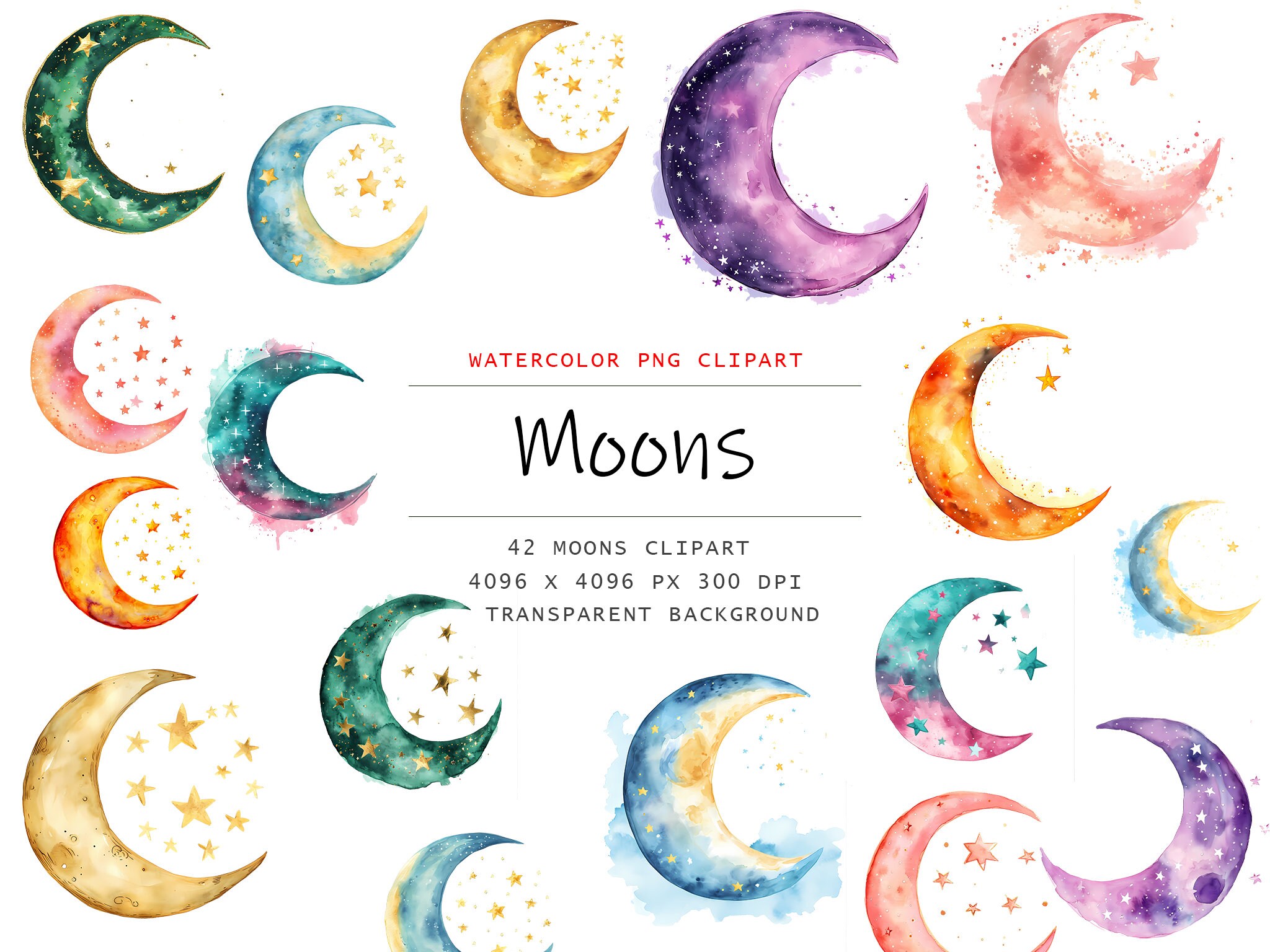 Dreamy Watercolor Moon Clipart- 42 Transparent Background PNG, Crescent ...