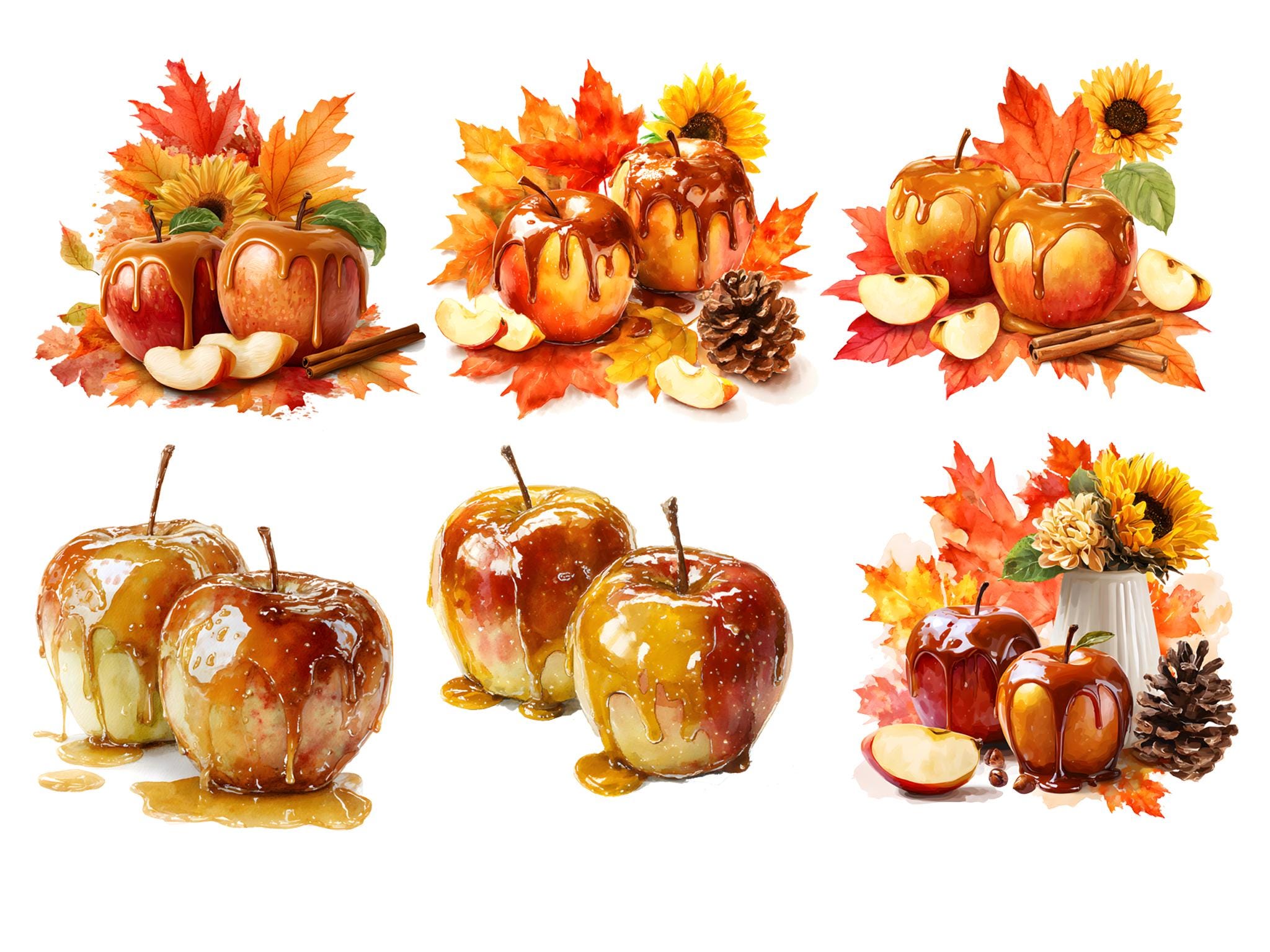 Watercolor Caramel Apples Clipart, 30 PNG Apple Clip Art, Sweet Treat ...