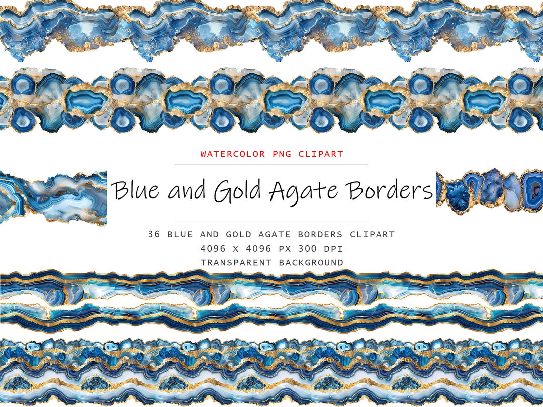 Blue and Gold Agate Borders Clipart, 36 PNG Blue and Gold Agate Borders ...