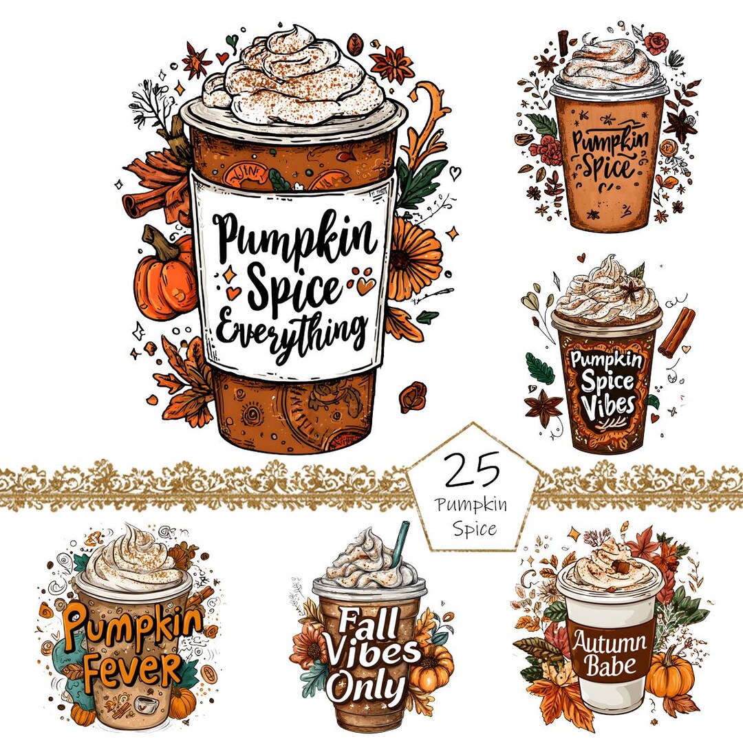 Pumpkin Spice Latte Clipart, 25 PNG Spice Latte Clip Art, Autumn Coffee ...