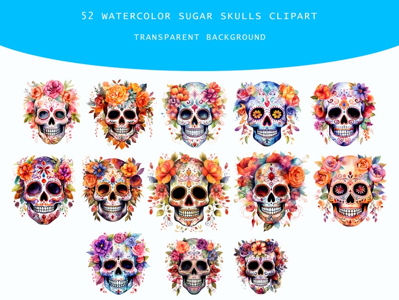 Watercolor Sugar Skull Clipart, Watercolor Clipart,skulls With Flowers ...