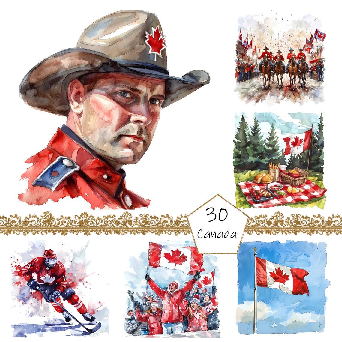 Watercolor Canada Day Clipart, 30 PNG Canada Day Clip Art, Commercial ...