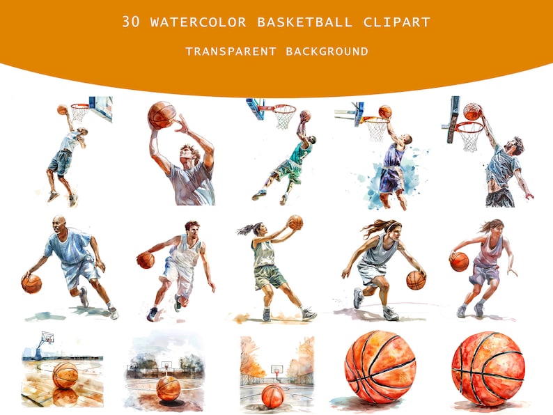 Watercolor Basketball Clipart, 30 High Quality JPEG and PNG Files ...