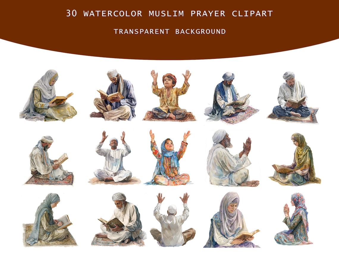 Watercolor Islamic Prayer Clipart, 30 PNG Islamic Clip Art, Muslim ...