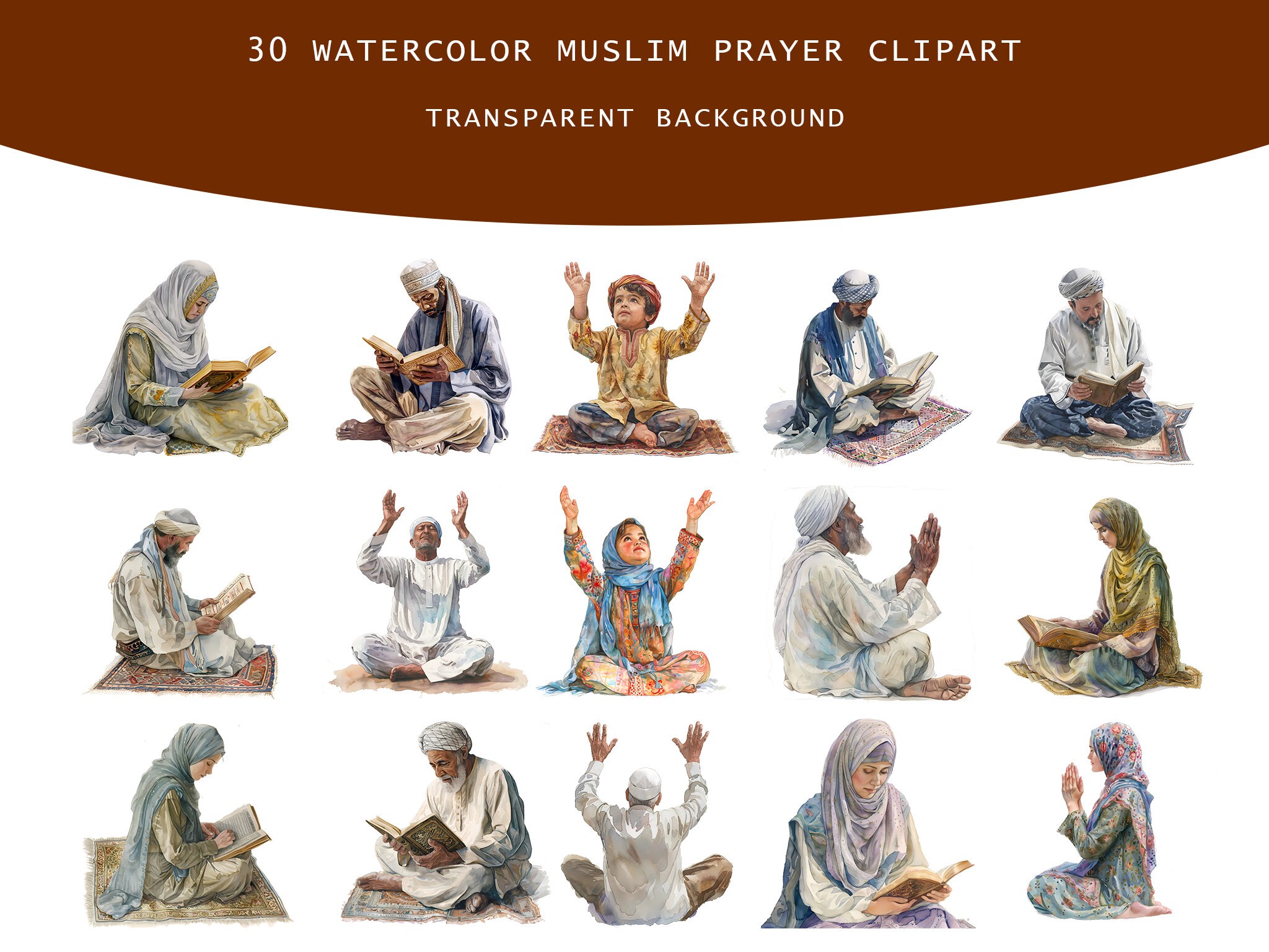 Watercolor Islamic Prayer Clipart, 30 PNG Islamic Clip Art, Muslim ...