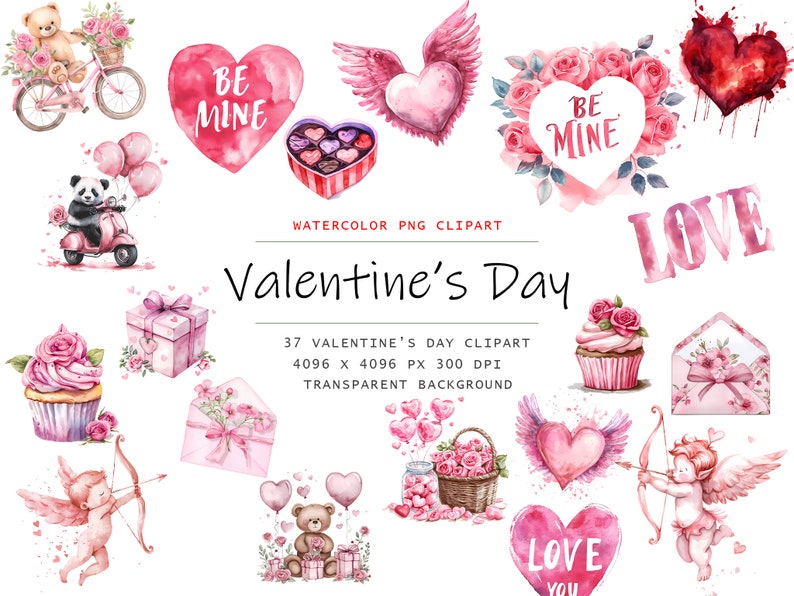 Watercolor Cute Valentines Clipart, 37 PNG Valentines Day Clipart ...