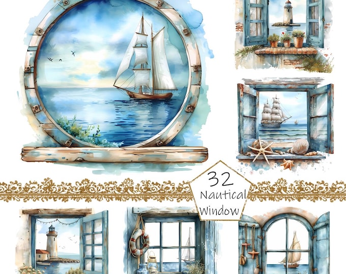 Watercolor Nautical Window Clipart, 10 High Quality JPEG and PNG Files ...