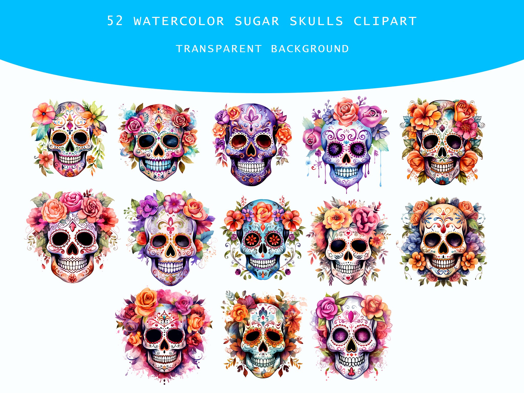 Watercolor Sugar Skull Clipart, Watercolor Clipart,skulls With Flowers ...