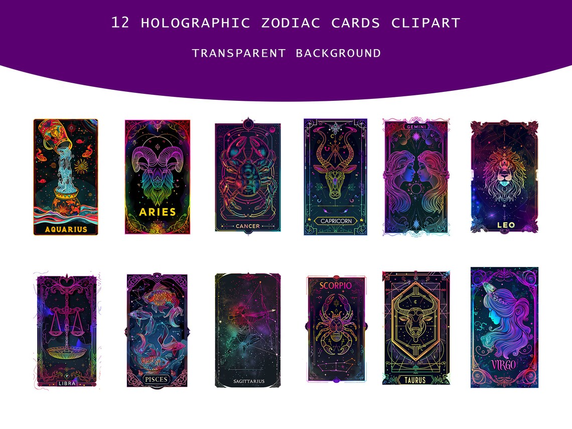 Zodiac Holographic Cards Clipart, 12 PNG Zodiac Png Art, Zodiac Png ...