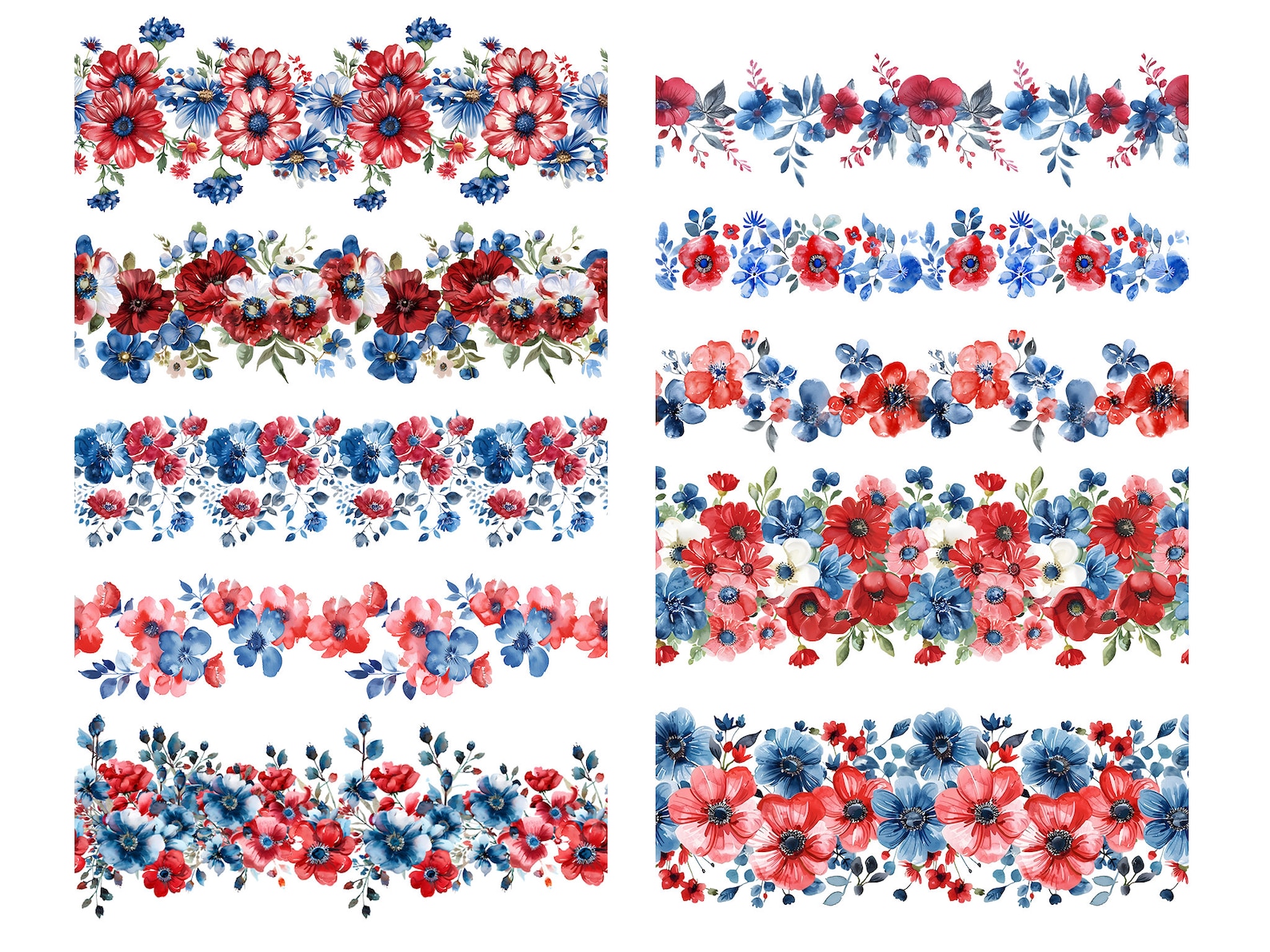 Watercolor Blue Red Flower Border Clipart, 28 PNG Red White and Blue ...