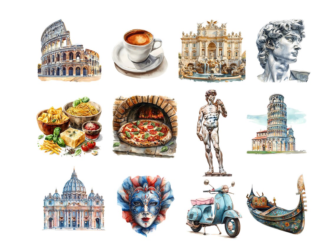 Watercolor Italy Clipart, 24 PNG Ancient Italy Clip Art, Italian ...