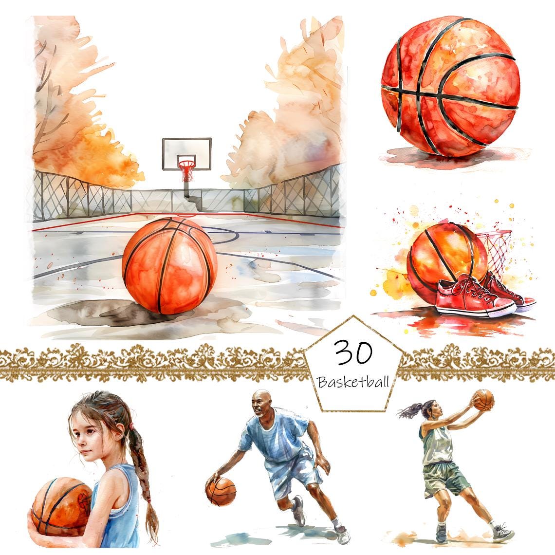 Watercolor Basketball Clipart, 30 High Quality JPEG and PNG Files ...
