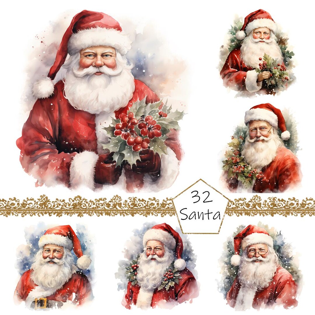 Watercolor Santa Clipart, 10 High Quality JPEG and PNG Files, Winter ...