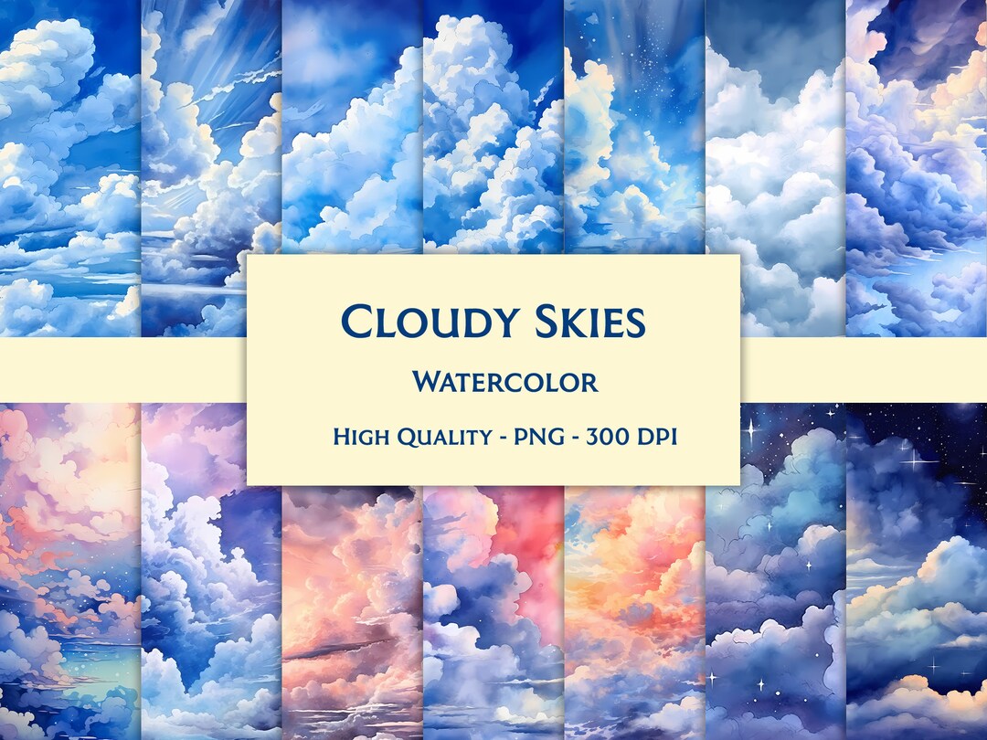Watercolor Cloudy Skies Digital Paper - Watercolor Printable Instant ...
