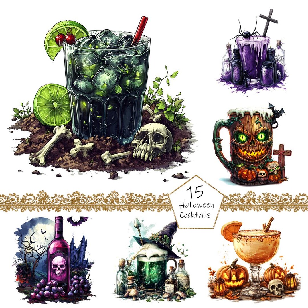 Watercolor Halloween Cocktail Clipart, 15 PNG Halloween Clip Art, Drink ...