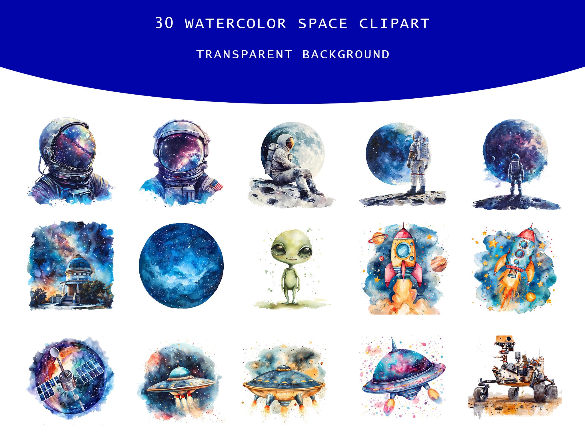 Watercolor Space Clipart, 30 PNG Space Clip Art, Commercial Use ...