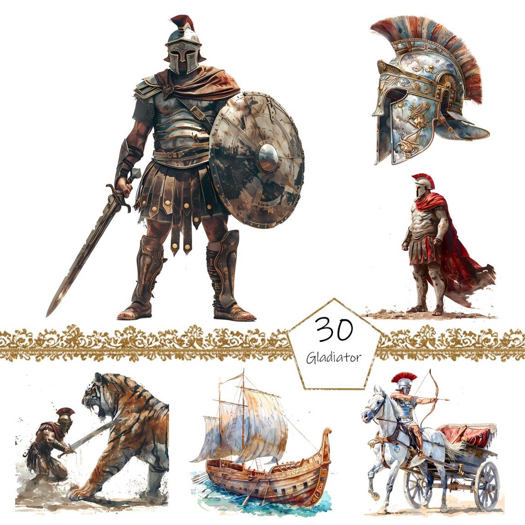 Watercolor Gladiator Clipart, 30 PNG Rome Clip Art, Commercial Use ...
