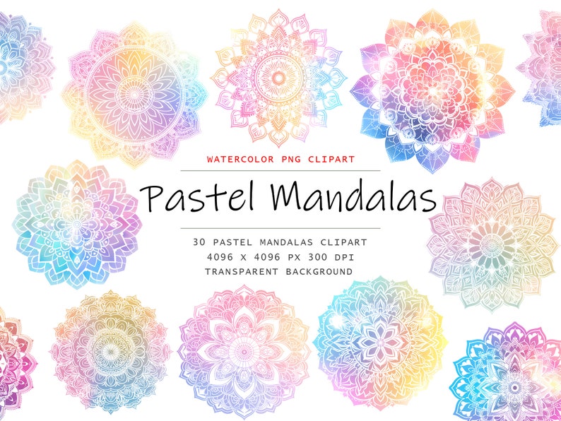 Watercolor Pastel Mandala Clipart, 30 PNG Pastel Mandala Clip Art ...