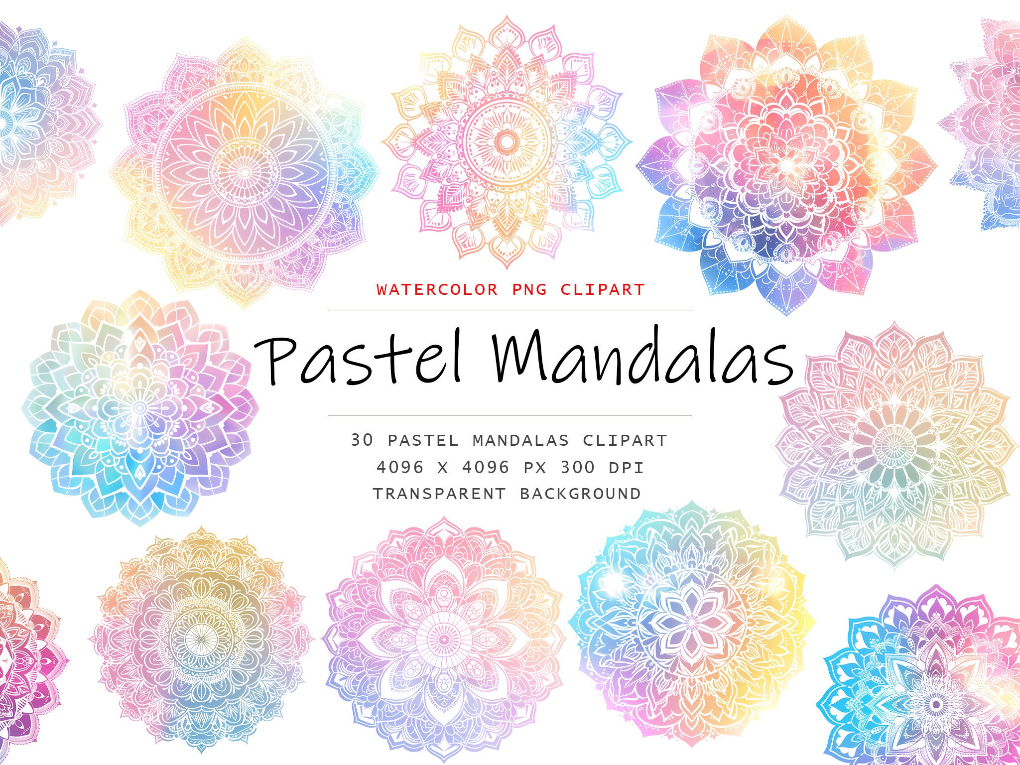 Watercolor Pastel Mandala Clipart, 30 PNG Pastel Mandala Clip Art ...