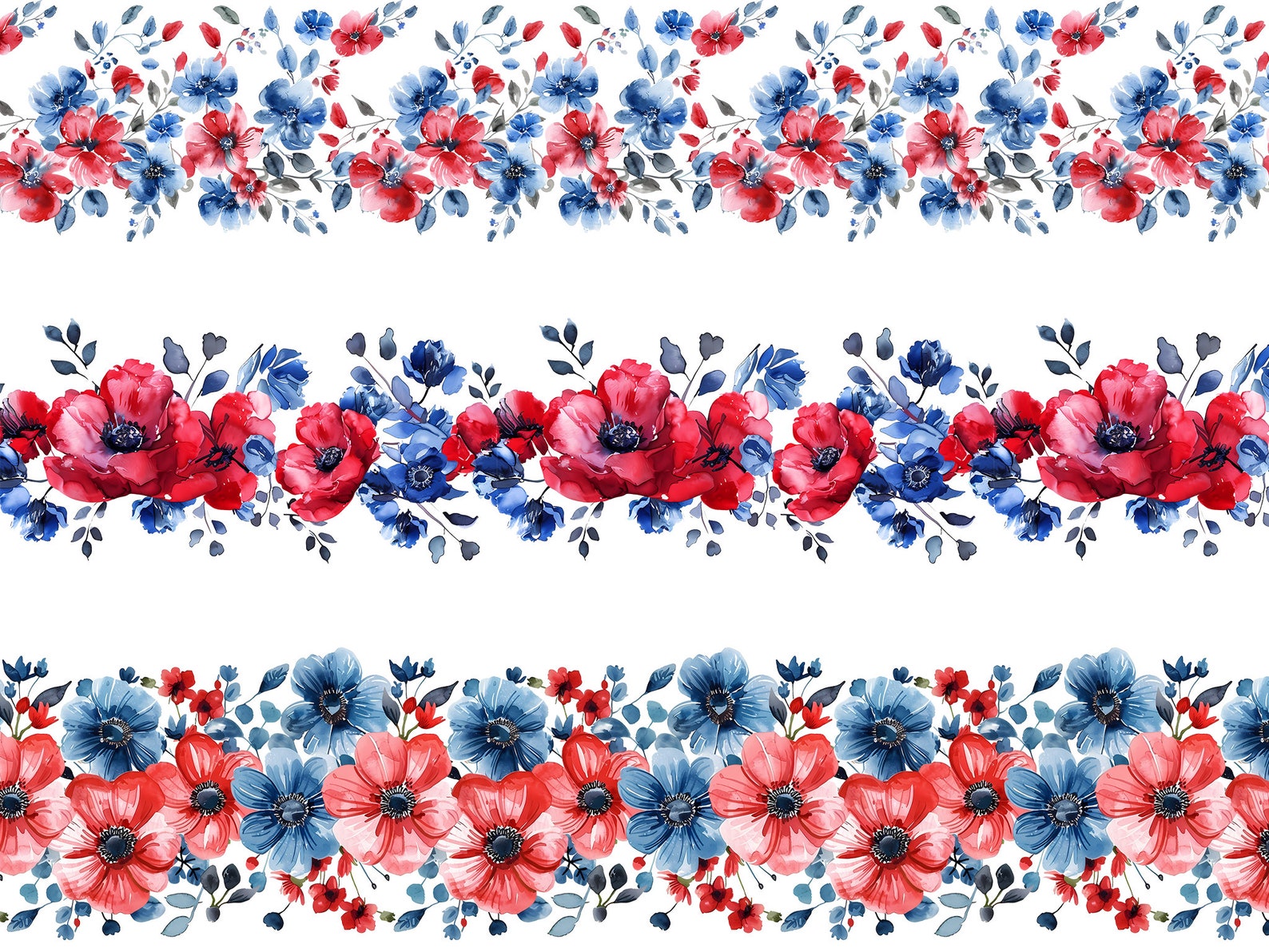 Watercolor Blue Red Flower Border Clipart, 28 PNG Red White and Blue ...