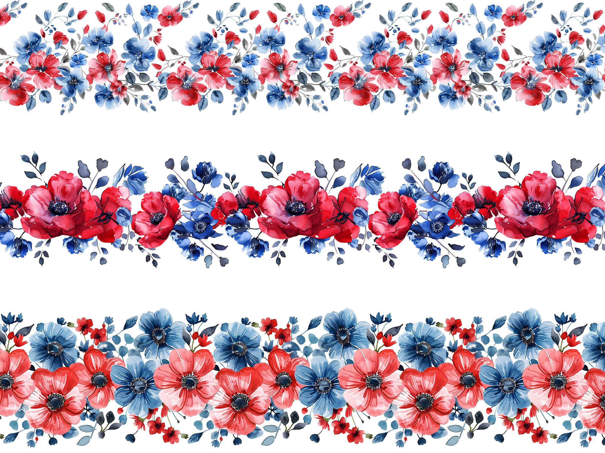 Watercolor Blue Red Flower Border Clipart, 28 PNG Red White and Blue ...
