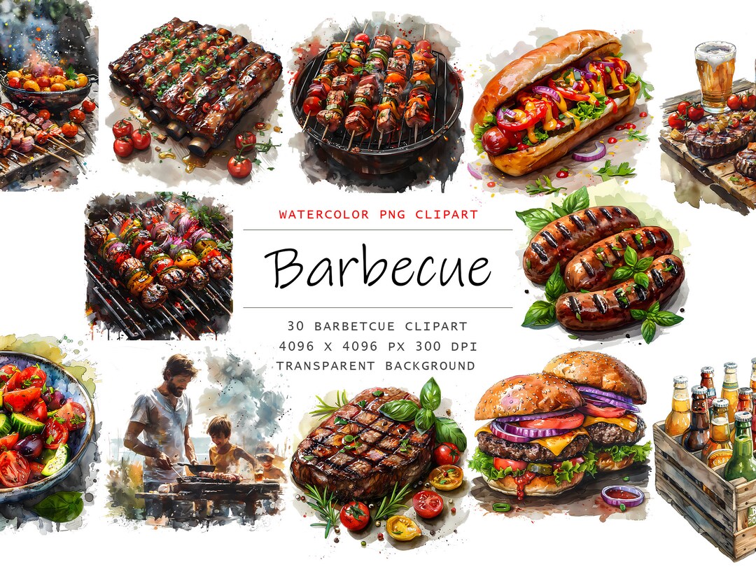 Watercolor Barbecue Clipart, 30 PNG BBQ Clip Art, BBQ Party Clipart Png ...
