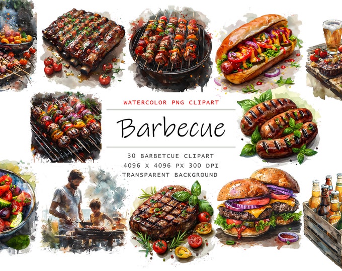 Watercolor Barbecue Clipart, 30 PNG BBQ Clip Art, BBQ Party Clipart Png ...