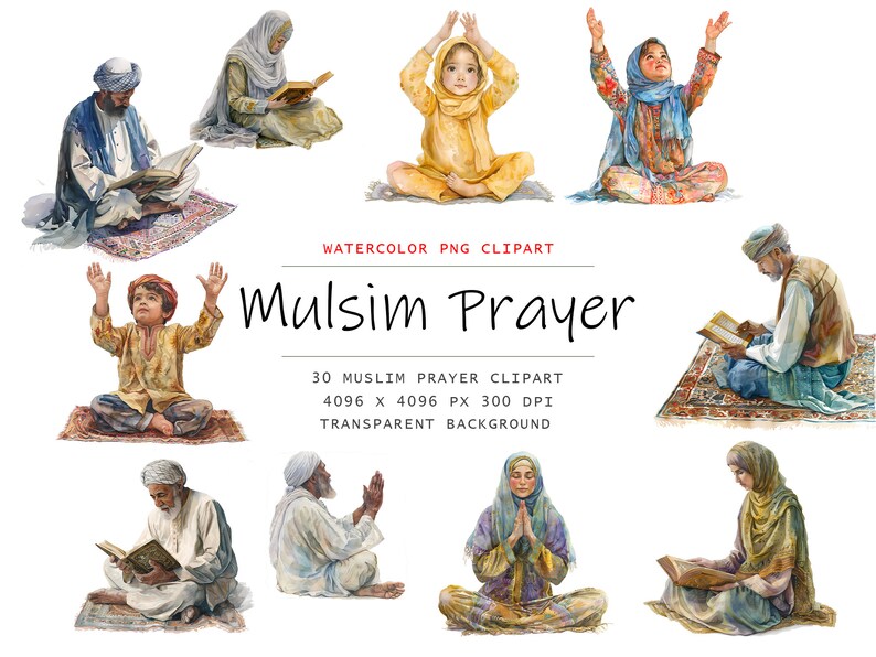 Watercolor Islamic Prayer Clipart, 30 PNG Islamic Clip Art, Muslim ...