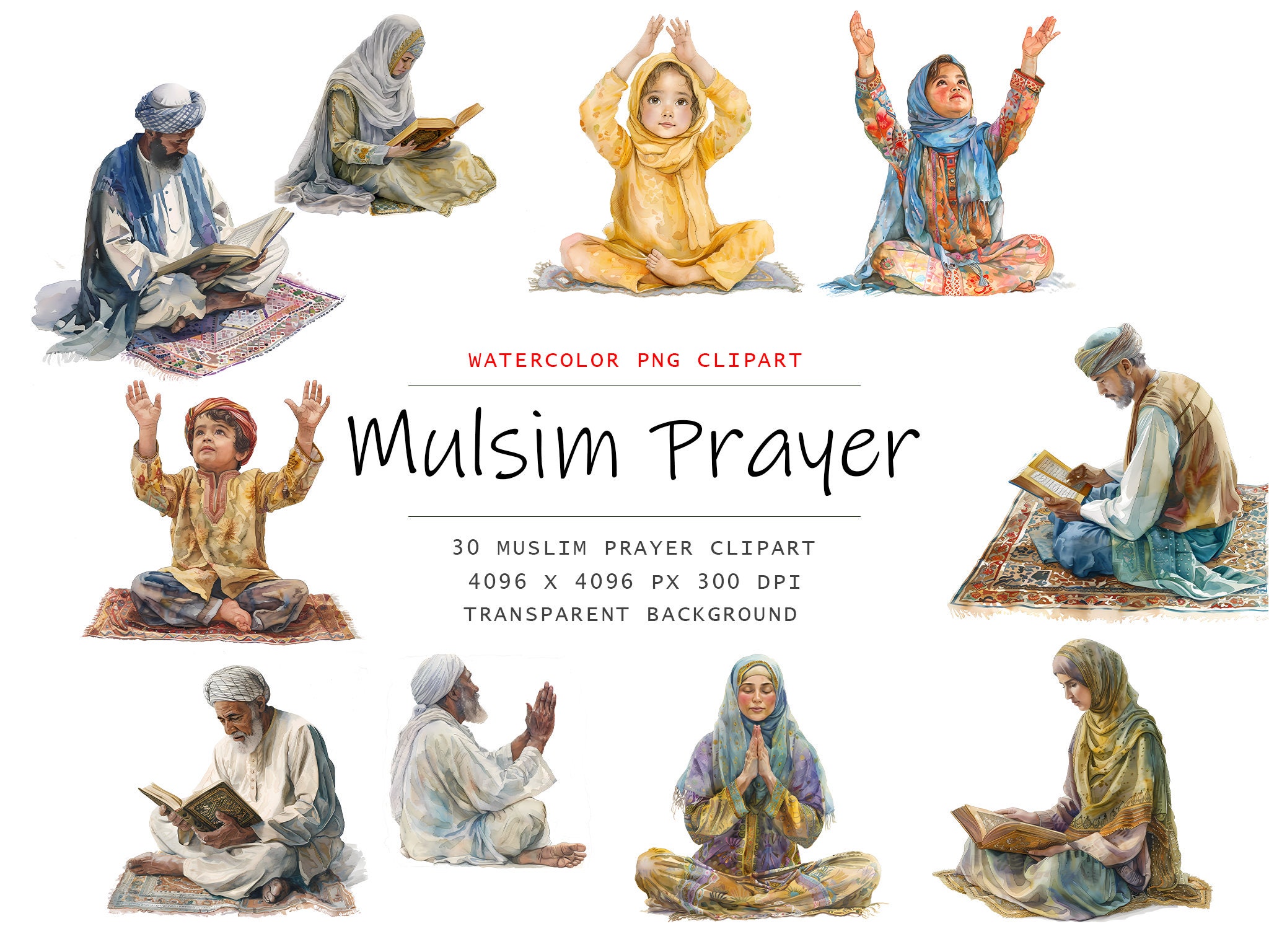 Watercolor Islamic Prayer Clipart, 30 PNG Islamic Clip Art, Muslim ...