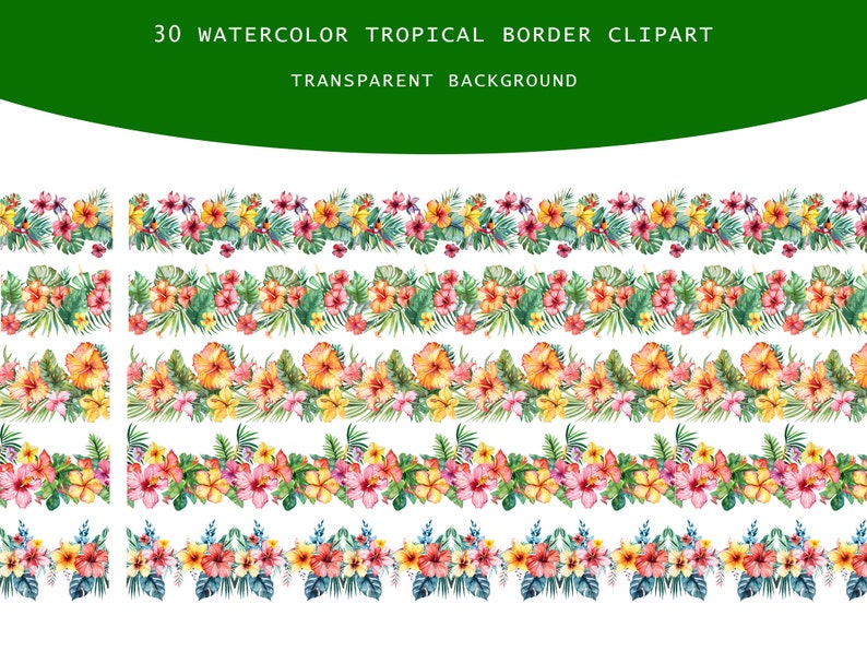 Watercolor Tropical Flowers Borders Clipart, 30 PNG Tropical Flowers ...