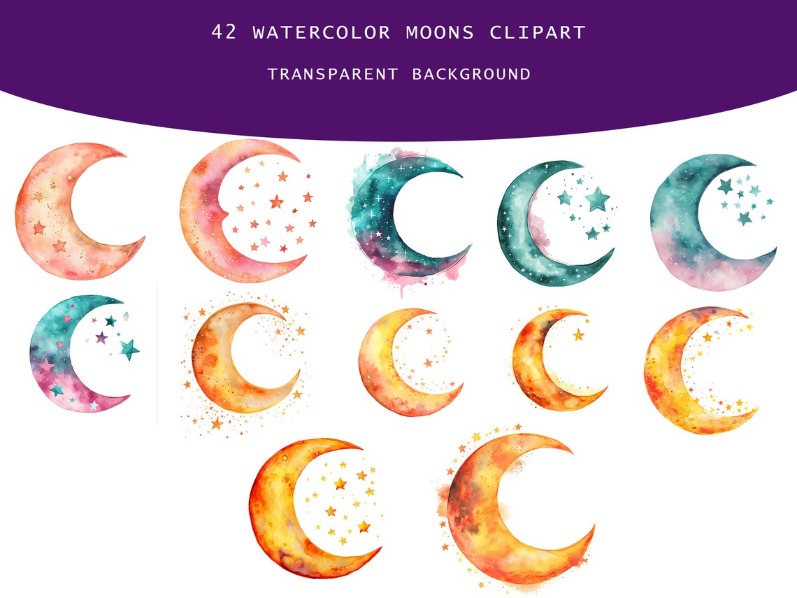 Dreamy Watercolor Moon Clipart- 42 Transparent Background PNG, Crescent ...