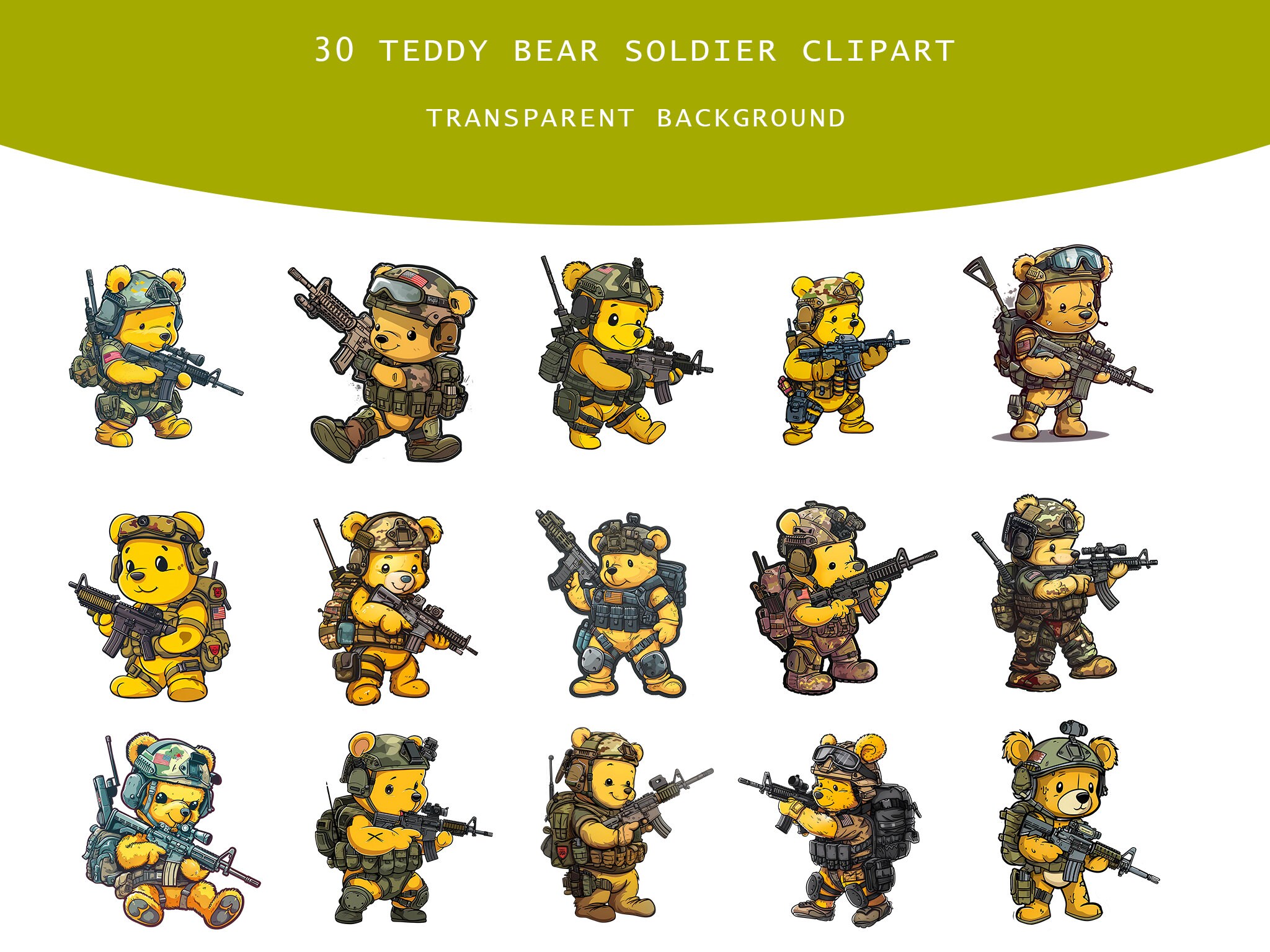 Watercolor Teddy Bear Soldier Clipart, 30 PNG Army Clip Art, Commercial ...