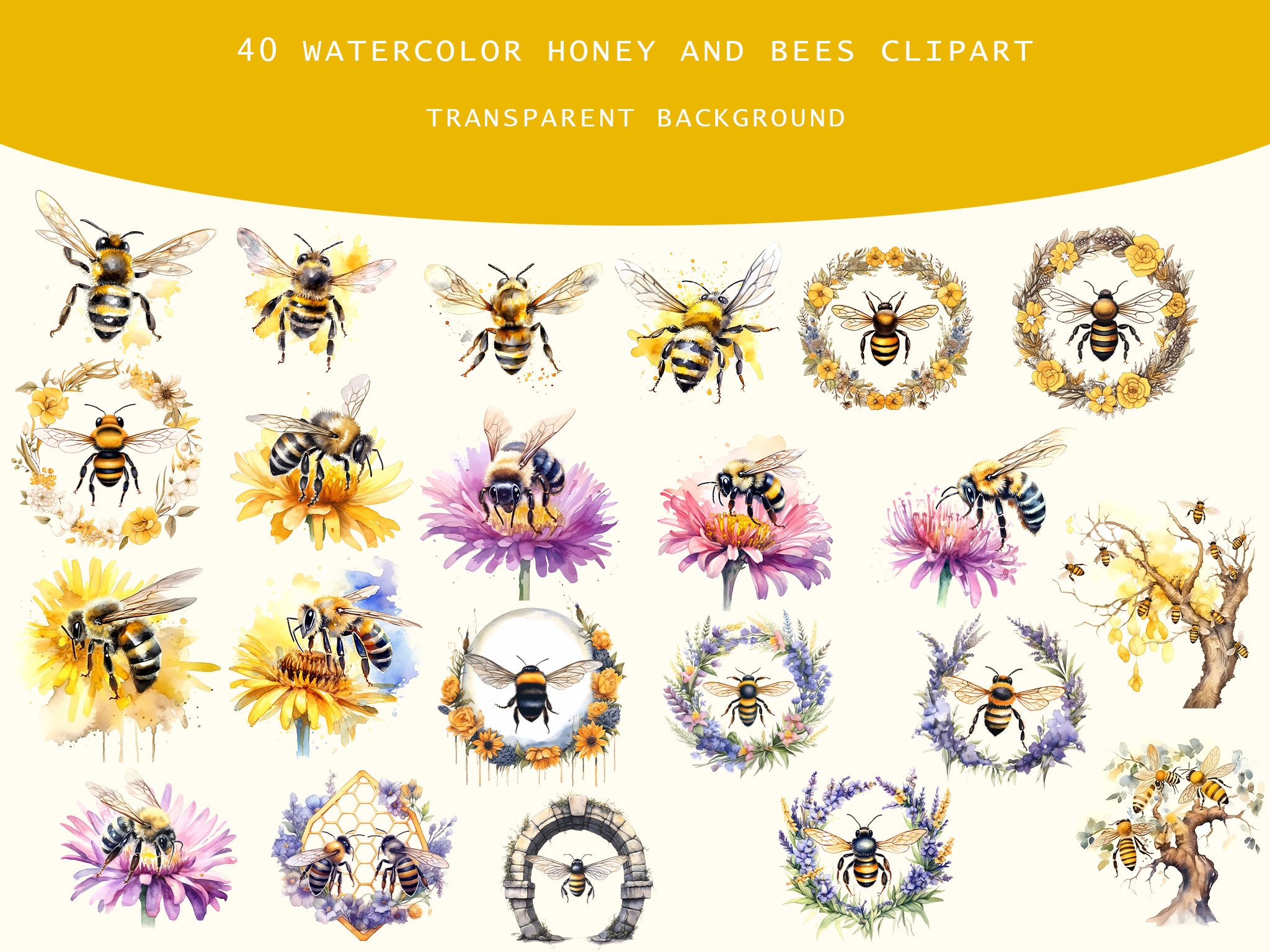 Watercolor Honey Bee Clipart, Spring Flowers Bee and Honey Clip Art PNG ...