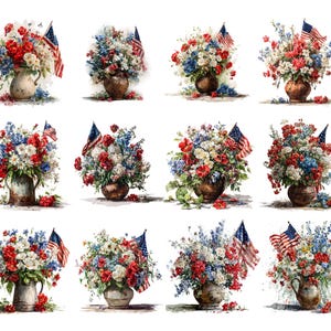 Watercolor Independence Day Flower Bouquet Clipart, 36 PNG 4th of July ...