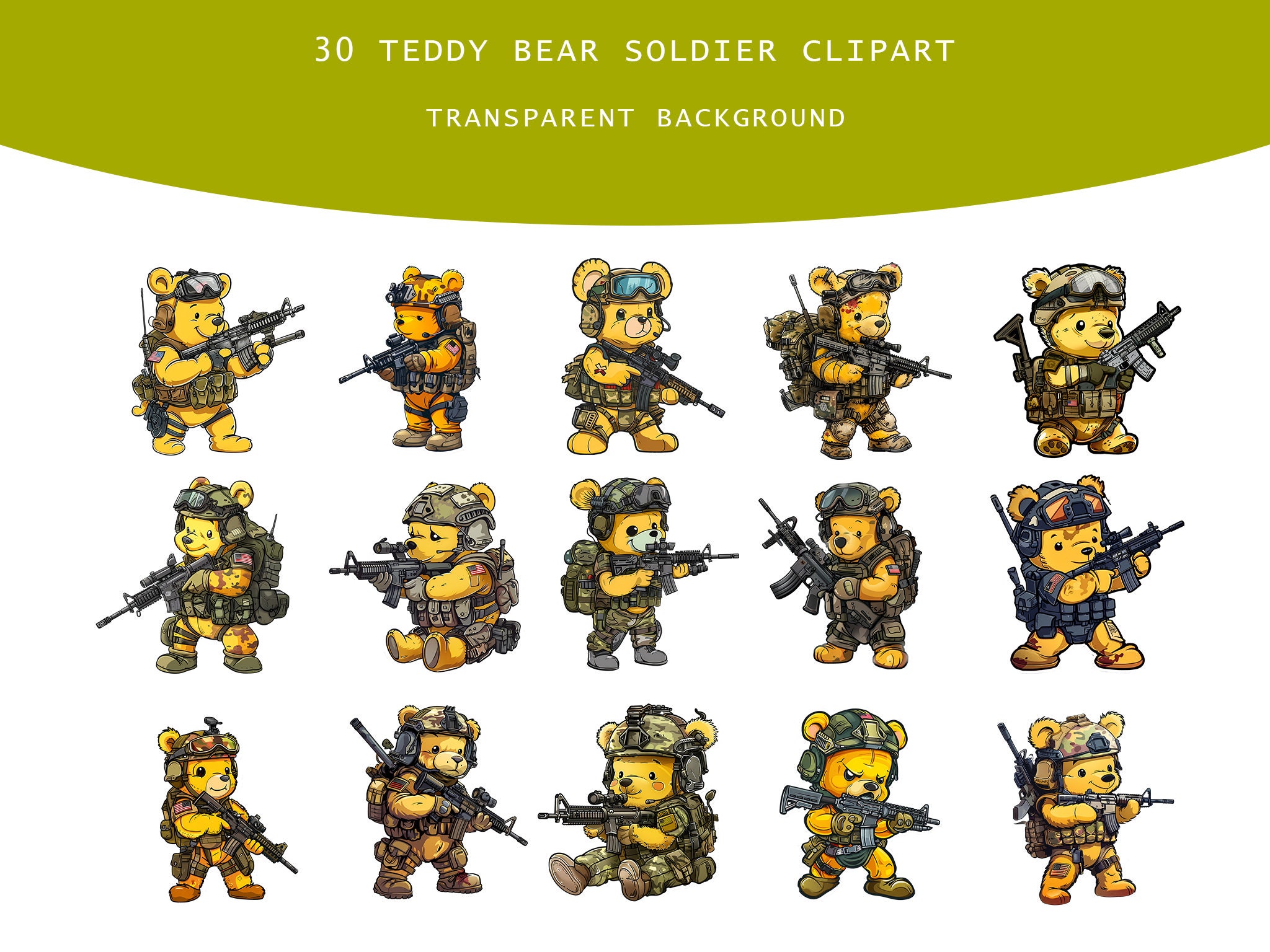 Watercolor Teddy Bear Soldier Clipart, 30 PNG Army Clip Art, Commercial ...